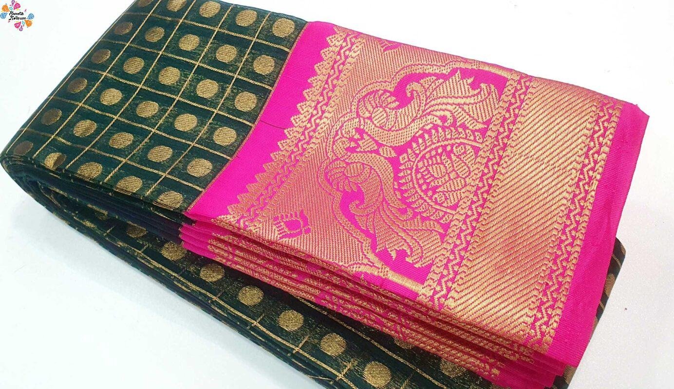 Dark Green & Gold Pink Border Silk Cotton Sarees – Swastik Boutiques ...